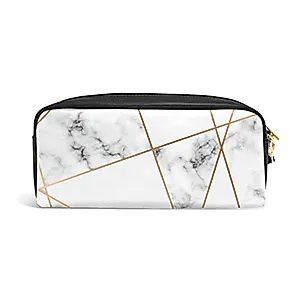 ALAZA Cute Pencil Case White Marble with Gold Geometric Lines Pen Cases Organizer PU Leather Comestic Makeup Bag Make up Pouch
