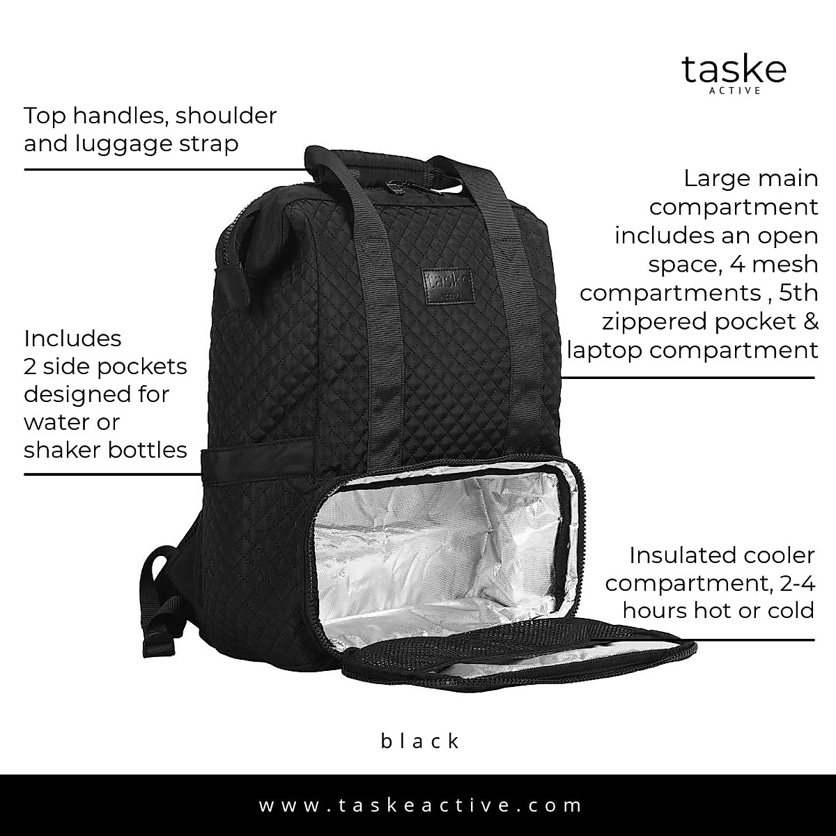 taskeACTIVE backpack with mealprep compartment, laptop area, drink holder, internal mesh compartments, luggage strap (Black)