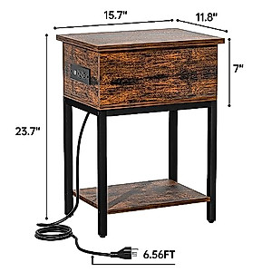 SZLHANJZ Nightstand with Charging Station, Narrow End Table with Storage Drawer, Wood & Metal Narrow Nightstand 2 Tier, Small Sofa Bed Side Table for Living Room Bedroom Dorm, Dark Brown