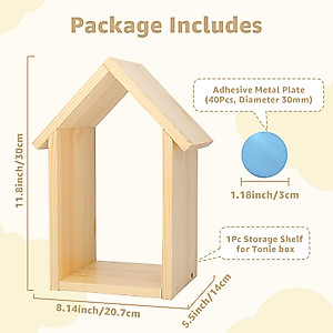 Taladad for Tonie Shelf,Tonies Storage with 40Pcs Adhesive Metal Plate for Creative Tonie Box Magnetic Shelf for Tonie Figures,Characters,Wooden Shelf for Kids (House)