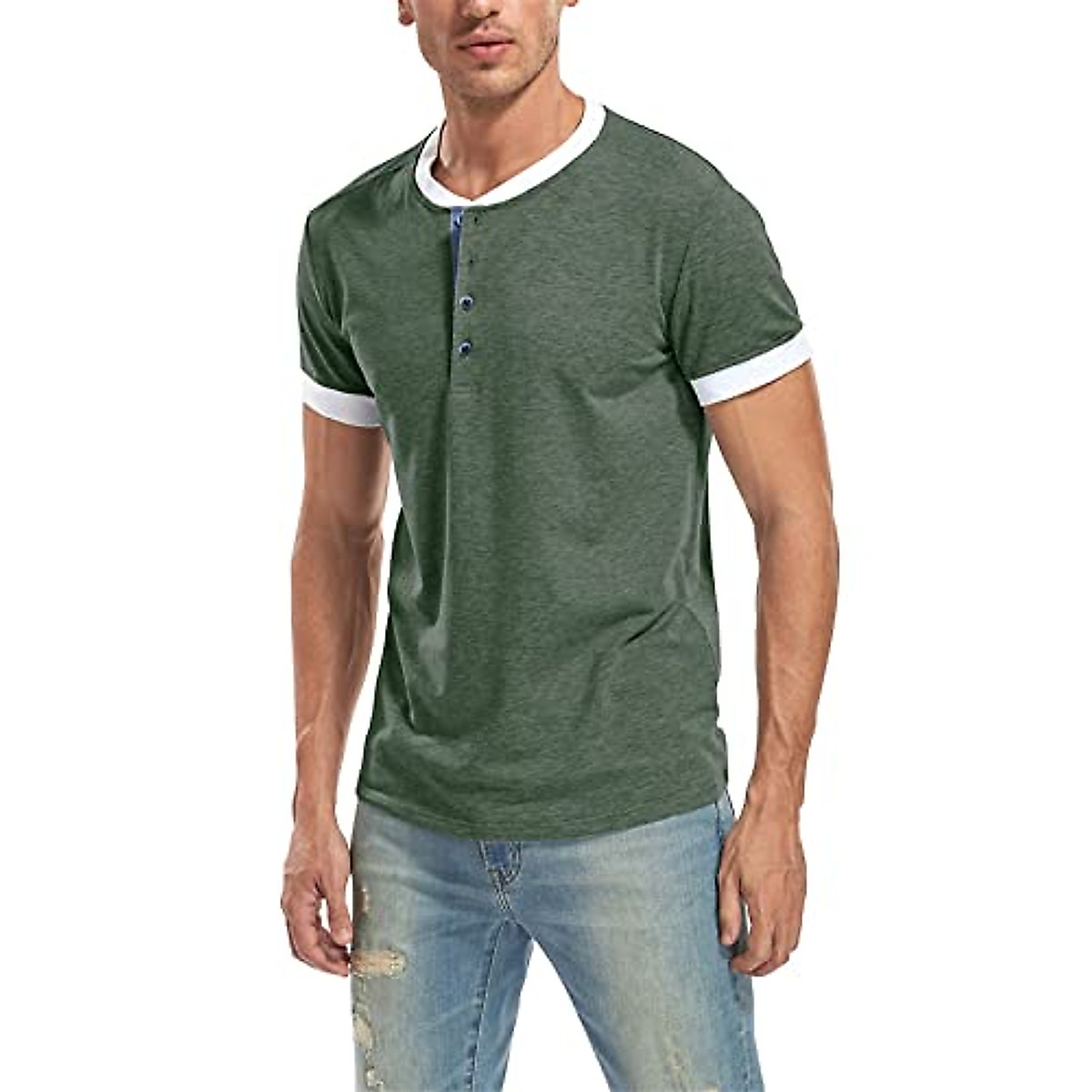 YeeHoo Men's Henley Short Sleeve Slim-Fit Casual T-Shirts with Button Placket Green