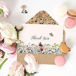 Whaline 30 Pack Wildflower Thank You Cards Vintage Floral Greeting Cards with Envelopes Stickers Retro Flower Blank Note Cards for Wedding Bridal Baby Shower Birthday Party Supplies, 4 x 6 Inch
