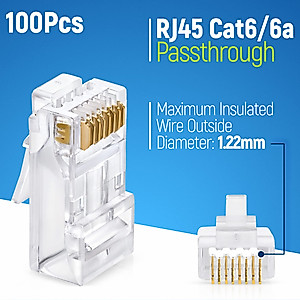 GTZ RJ45 Cat6/6a Pass Through Connectors for a Thick 23 AWG Large Diameter UTP Network Cable, 100 Pcs | Insert Guides Included