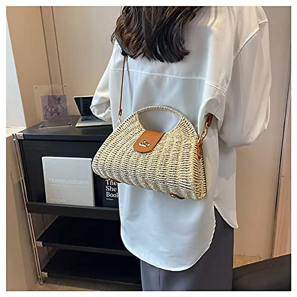 EDIWER Women’s Straw Beach Bag Beach Tote Purse Rattan Crossbody Bag Daily Top Handle Satchel Handbag Shoulder Bag for Summer