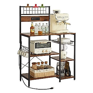 Leesingdo Kitchen Bakers Rack with Power Outlet, Microwave Stand, Coffee Bar Kitchen Storage Rack with Wire Basket, 6 Hooks, Kitchen Shelves for Spices, Pots, and Pans, Rustic Brown