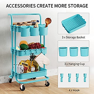 alvorog 3-Tier Rolling Utility Cart Storage Shelves Multifunction Storage Trolley Service Cart with Mesh Basket Handles and Wheels Easy Assembly for Bathroom, Kitchen, Office (Blue)