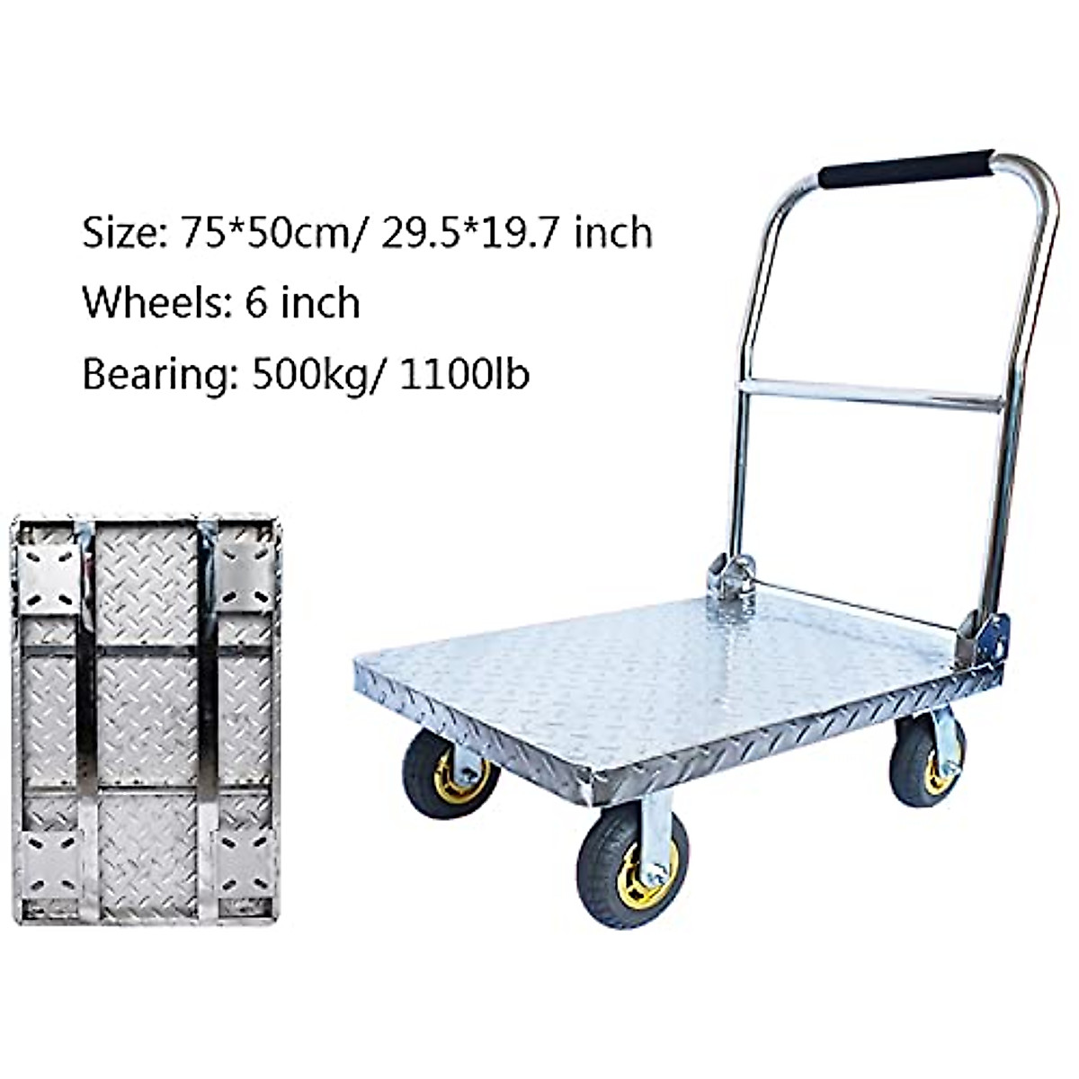 DMUNIZ Platform Trucks Flatbed Cart Push Cart Stainless Steel Trolley Heavy Duty Load Capacity Platform Truck with Foldable Handle and Silent Swivel Wheels for Moving Push Cart