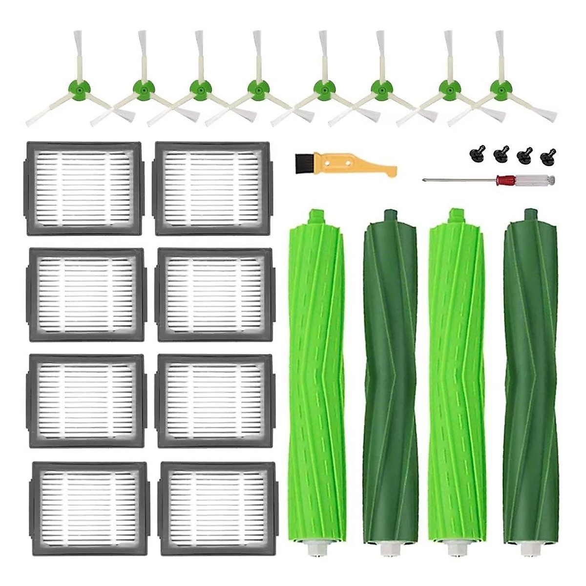 MZY LLC Replacement Parts for iRobot Roomba i7 i7+ i2 i3 i3+ i4 i4+ i6 i6+ i8 i8+/Plus j7 j7+ E5 E6 E7, I, E & J Series Vacuum Cleaner, 2 Set Rubber Brushes, 8 HEPA Filters and 8 Side Brushes
