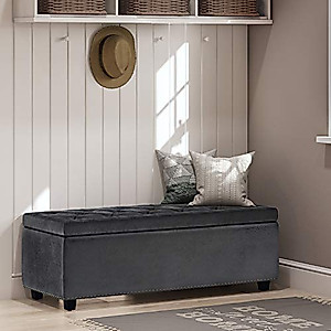 SIMPLIHOME Hamilton 48 inch Wide Rectangle Lift Top Storage Ottoman in Upholstered Distressed Black Tufted Faux Leather with Large Storage Space for Living Room, Entryway, Bedroom, Transitional
