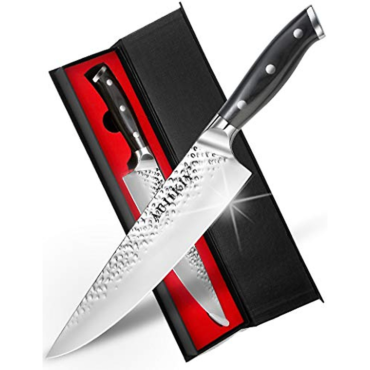 Pro Chef Knife 8 Inch, Japanese AUS-10V Super Stainless Steel Kitchen Knife with Hammer Finish, Chefs Knife with a triple-riveted Ergonomic Handle, Professional Durable Cooking Knife with Gift Box