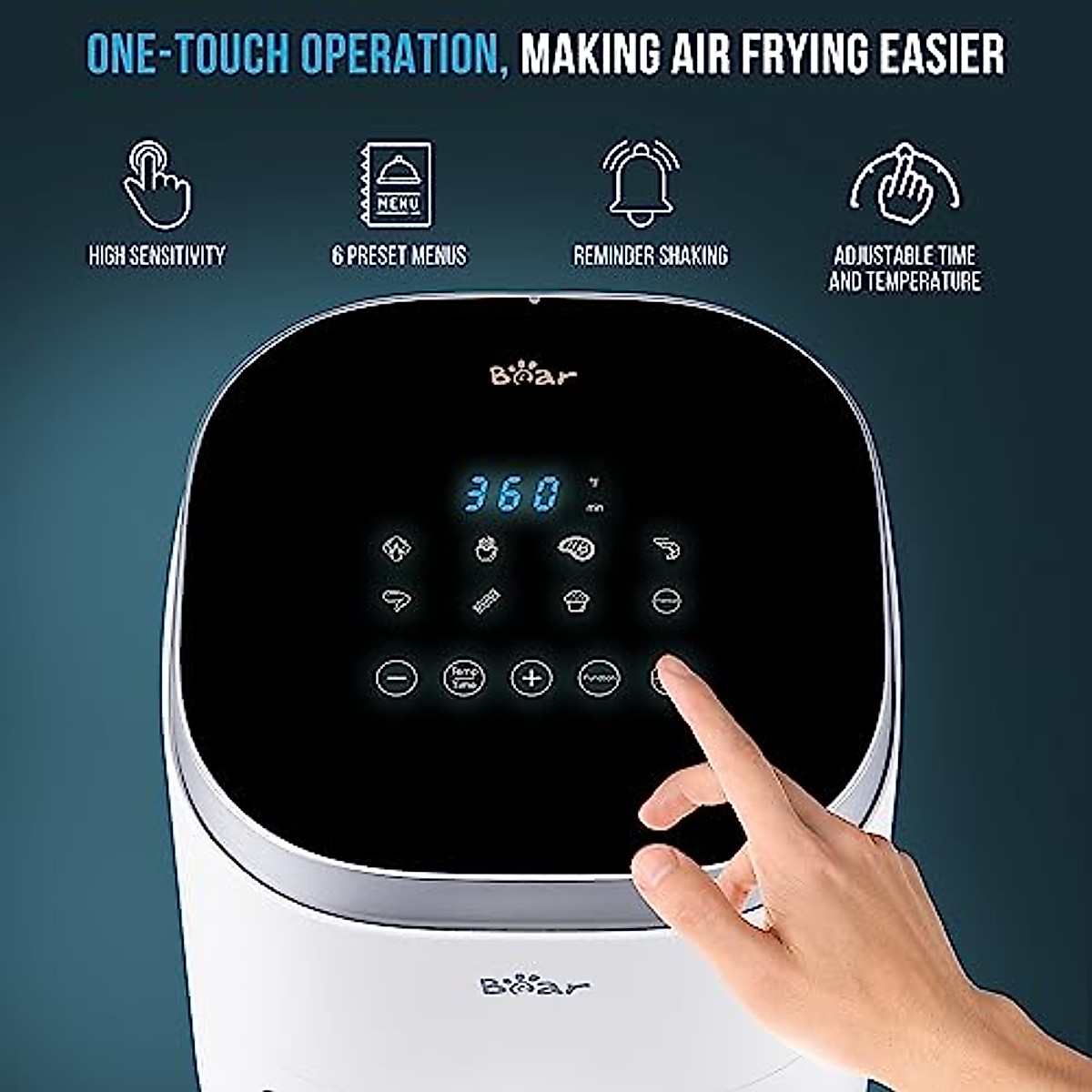 Bear Air Fryer, 5.3Qt for Quick and Oil-Free Healthy Meals, Easy View and Smart 8 in 1 Digital Touchscreen, Shake Reminder, Dishwasher-Safe & Non-stick Basket, Disposable Paper Liner and Recipes included
