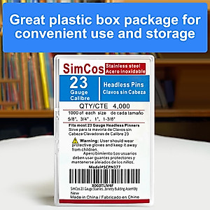 SimCos 23 Gauge Stainless Steel Pinner Nails (5/8",3/4",1",1-3/8") assorted 4 sizes' Headless Pin Nails for 23 GA Pneumatic or Electric Pin nailer or pin nail gun,Project Pack (4000)