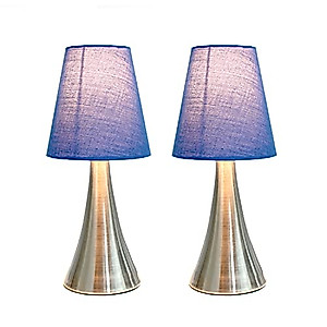 Simple Designs LT2014-BLU-2PK 12" Valencia 2 Pack Contemporary 4 Settings Touch Metal Mini Tapered Table Lamp Set with Fabric Shades for Home Décor, Nightstand, End Table, Bedroom, Living Room, Office, Foyer, Brushed Nickel and Blue