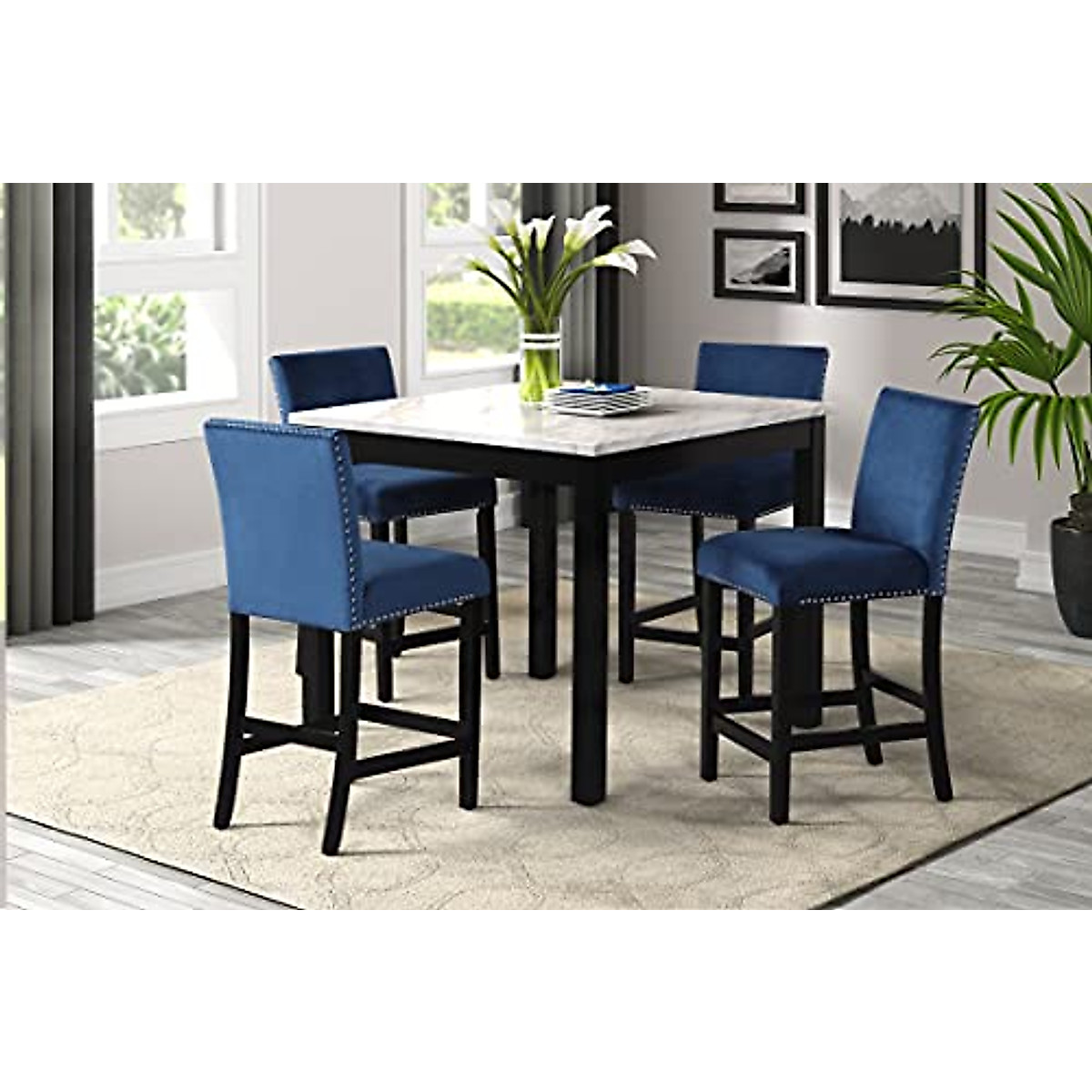 SZUBEE 4 5-Piece Counter Height Set with One Faux Marble Dining Table and Four Upholstered-Seat Chairs for Kitchen, Blue