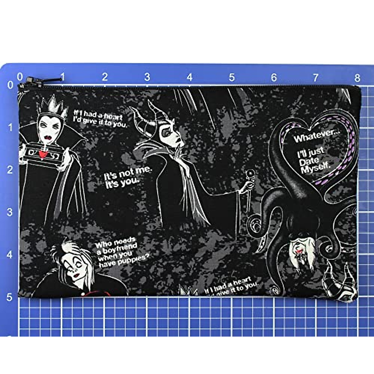 Barefoot Sewing Aromantic Maleficent, Ursula, Cruella de Vil, and Evil Queen Disney Villain Fabric Pencil Case or Cosmetic Bag - Hand Made in the USA - 8” x 5” Zipper Pouch Made with Licensed Fabric