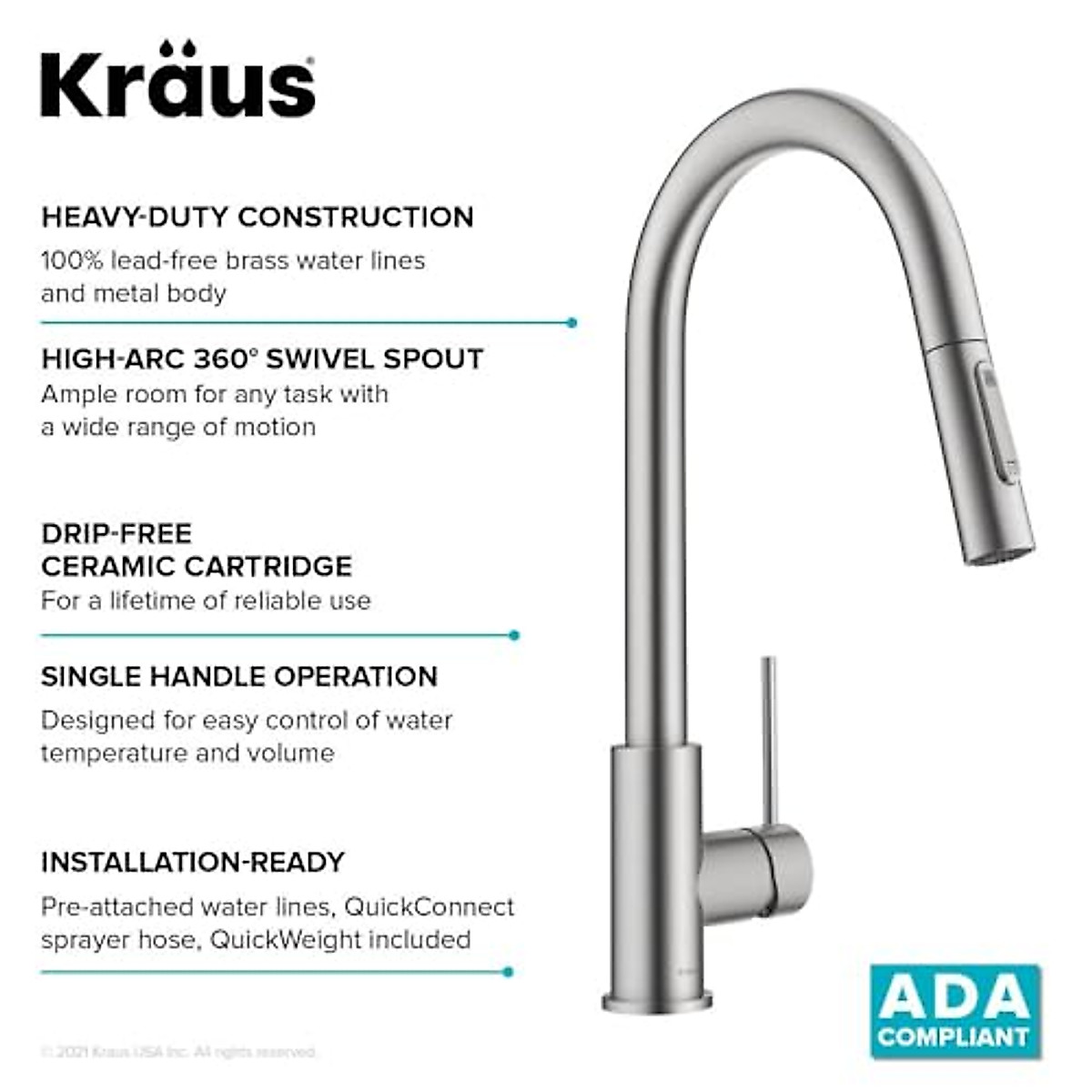 Kraus KPF-3104SFS Oletto Contemporary Pull-Down Single Handle Kitchen Faucet, 16.25 inch, Spot Free Stainless Steel