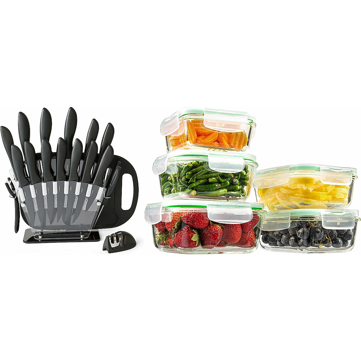 EatNeat Kitchen Knife Set with Cutting Board - EatNeat 5-Pack of Glass Food Storage Containers with Airtight Snap Locking Lids to Keep Food Fresh