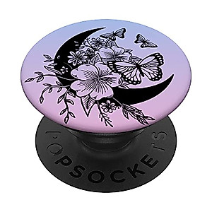 Violet Lavender Ombre Black Butterfly Crescent Moon Flower PopSockets Swappable PopGrip