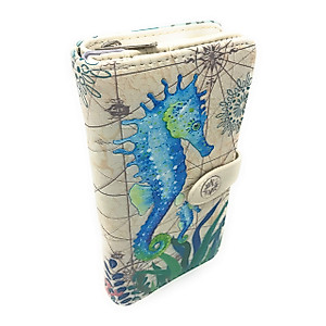 Shag Wear Sea Horse Large Beach Wallet for Women and Teen Girls Vegan Faux Leather 7" Beige