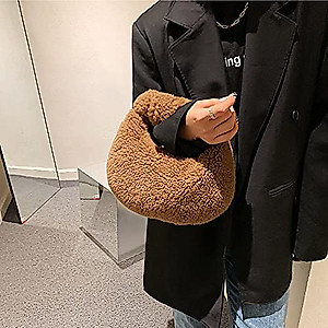 Women Plush Dumpling Bags,Faux Fur Top-Handle Bag with Pure Color+Zipper,Autumn and Winter Evening Bags (Color : Brown, Size : 25x15x8cm)