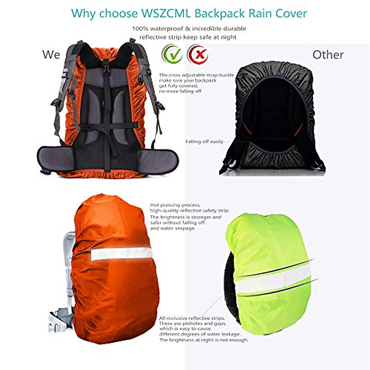 WSZCML Backpack Rain Cover, Upgraded Adjustable Waterproof Backpack Cover (10-90l) (Orange, S (for 10L-25L Backpack))