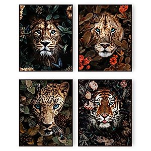 AllBlue Jungle Safari Animal Wall Art Prints Poster Lion Tiger Leopard Animal Wall Decor Set of 4 Animal Wall Pictures for Living Room Home Decor (8"x10" Unframed)