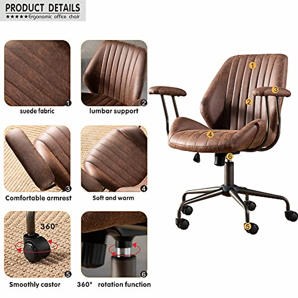 ovios Ergonomic Office Chair Modern Computer Desk Chair Suede Fabric Desk Chair with Armrests for Executive or Home Office (Dark Brown)
