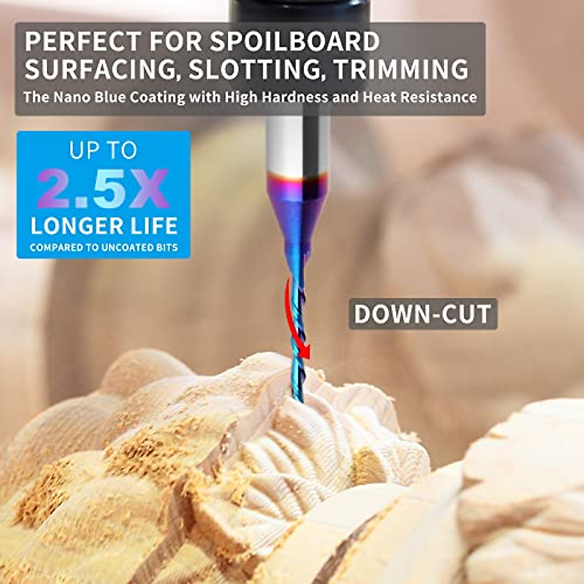 EANOSIC Downcut Spiral Router Bit 1/4 inch Shank, 1/16 inch Cutting Diameter Solid Carbide with Blue Nano Coated CNC Router Bits End Mill for Wood Carving, Engraving