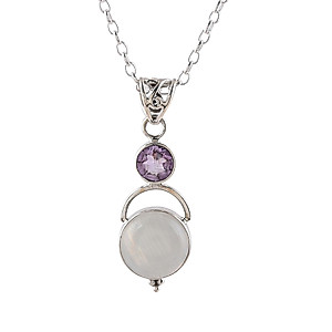 NOVICA Artisan Handmade Rainbow Moonstone Amethyst Pendant Necklace Sterling Silver Clear Purple India Gemstone Birthstone [17.75 in L 2 mm W Pendant(s) 1.5 in L x 0.5 in W x 0.3 in D] ' Alluring