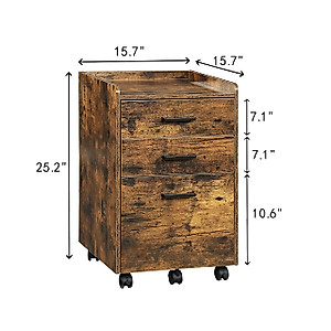 Kavonty File Cabinet, Mobile Office Cabinet with 2 Small Fabric Drawers and 1 Large Drawer,for A4, Letter Size, Hanging File Folders, Rustic Brown and Black