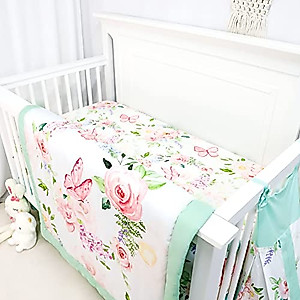 CARUILI 4-Piece Crib Bedding Set, Baby Girl Crib Bedding Set Butterflies Floral Nursery Bedding Set Includes Comforter, Fitted Crib Sheet, Crib Skirt, and Diaper Stacker, Green & Pink