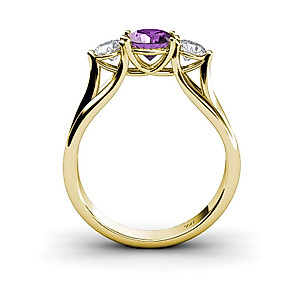 TriJewels Amethyst & White Sapphire 3 Stone Ring with Thick Shank 1.36 ctw 14K Yellow Gold.size 9.0