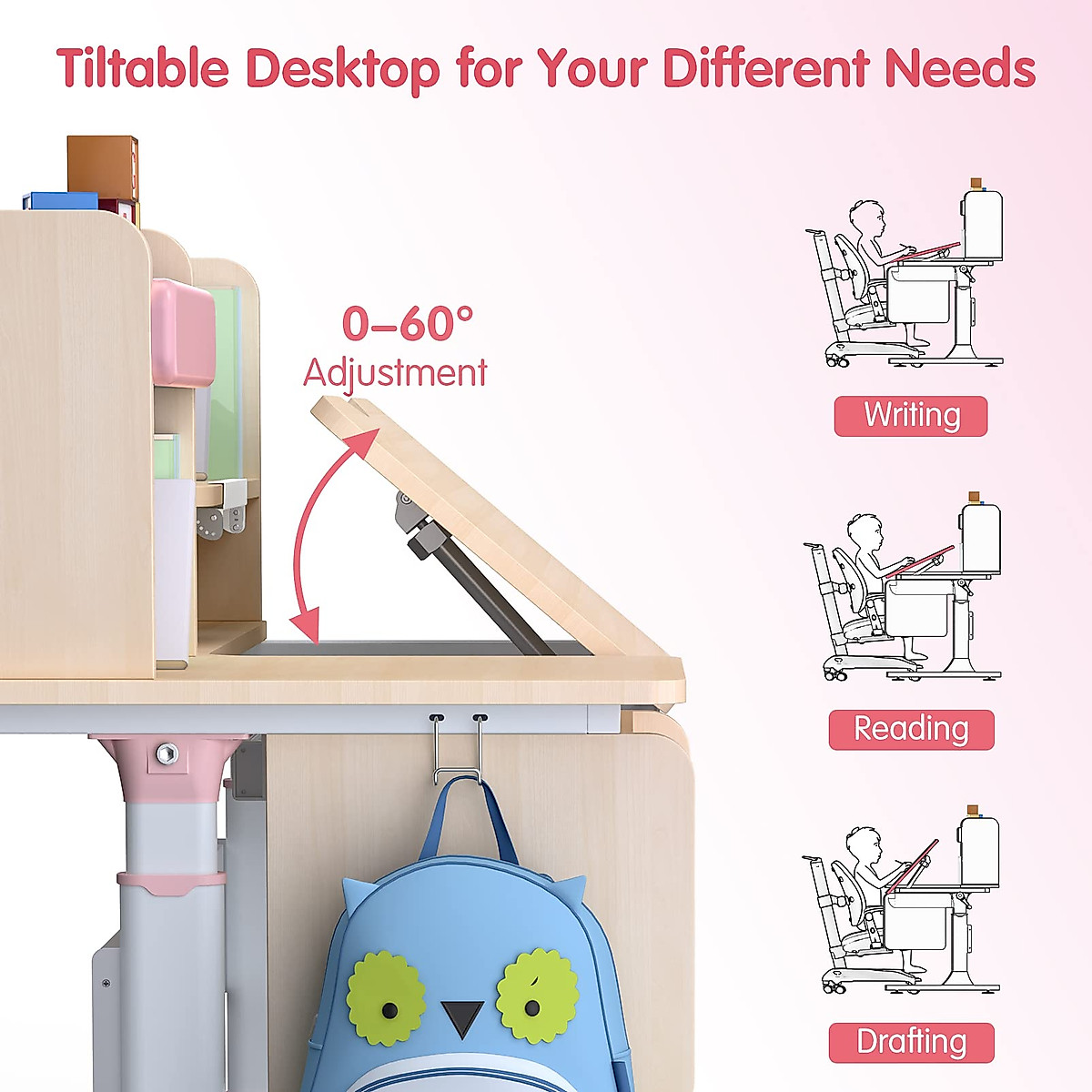 FCD Wood Adjustable Height Kids Study Desk Drafting Table Computer Station Built-in Bookshelf Hutch Multi Function (Pink)