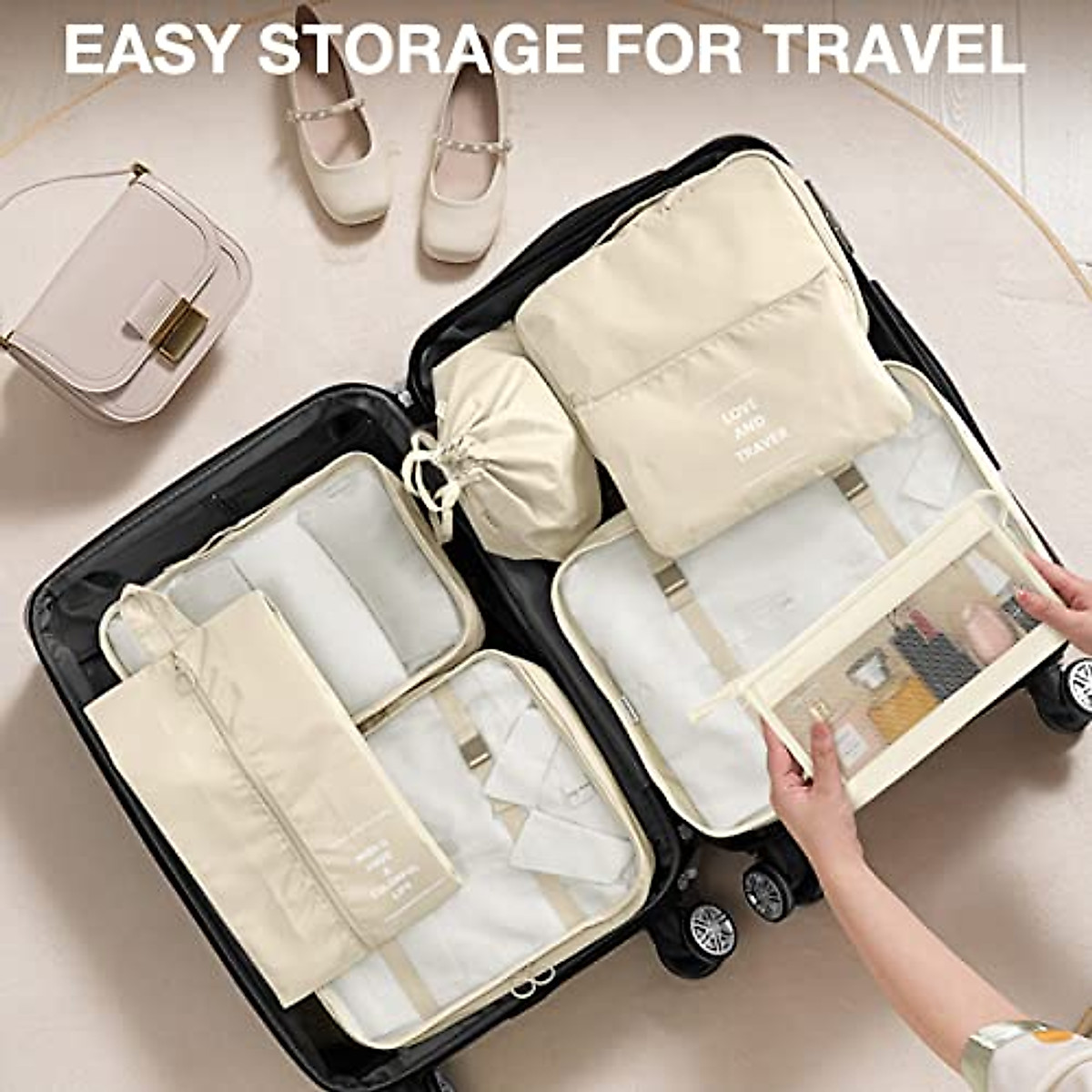 8 Pack Luggage Packing Organizers Packing Cubes Waterproof Suitcase Organizer Bags Travel Packing Organizers (Beige)
