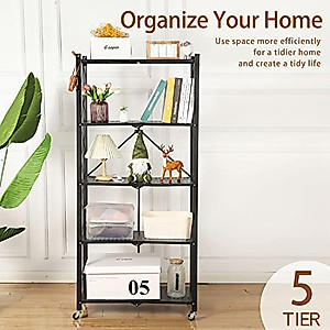 Letusto Foldable Collapsible Shelf with Wheels & Breaks - Folding Shelf Heavy Duty Metal Frame Pantry Shelving Unit - Origami Bookcase - No Assembly Bookshelf (White, 5 Tier)