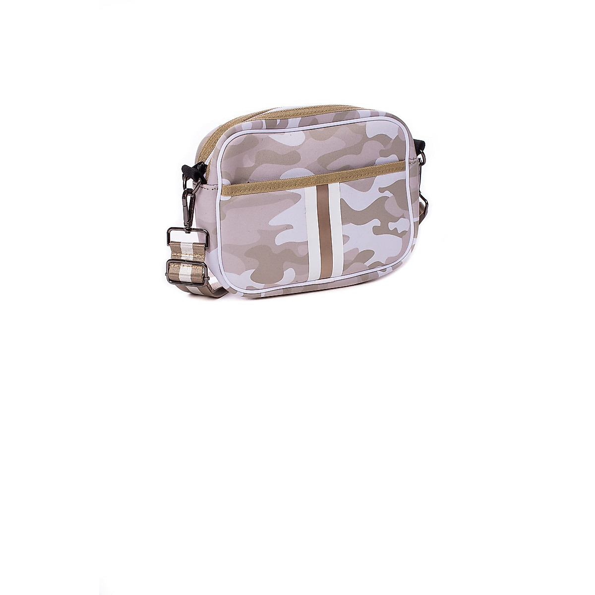 Haute Shore Drew Sahara Crossbody Tote Beige Camo WRose Gold and White Stripe