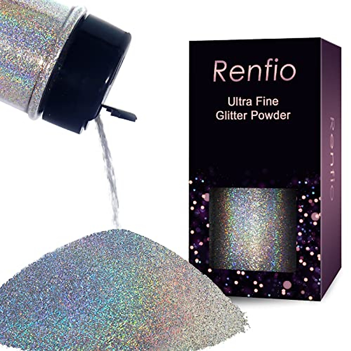 Renfio Holographic Ultra Fine Glitter Powder Metallic Resin Glitter 1.75 Oz (50g) PET Flakes Crafts Sequins 1/128" 0.008" 0.2mm Epoxy Chips Flakes for Tumblers Slime - Diamond Laser Silver