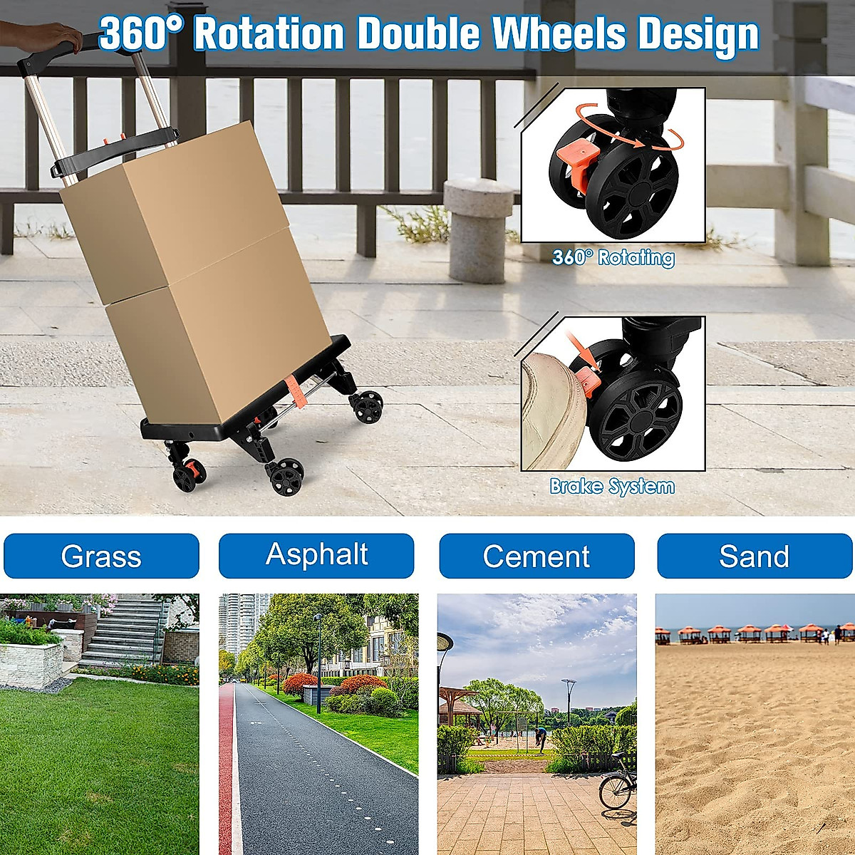 Folding Hand Truck Portable Dolly Utility Cart Rolling Crate with 4 Rotate Double Wheels 80KG/176Lbs Heavy Duty Adjustable Handle for Moving Shopping Grocery Travel Office Use(Black Swivel Wheel)