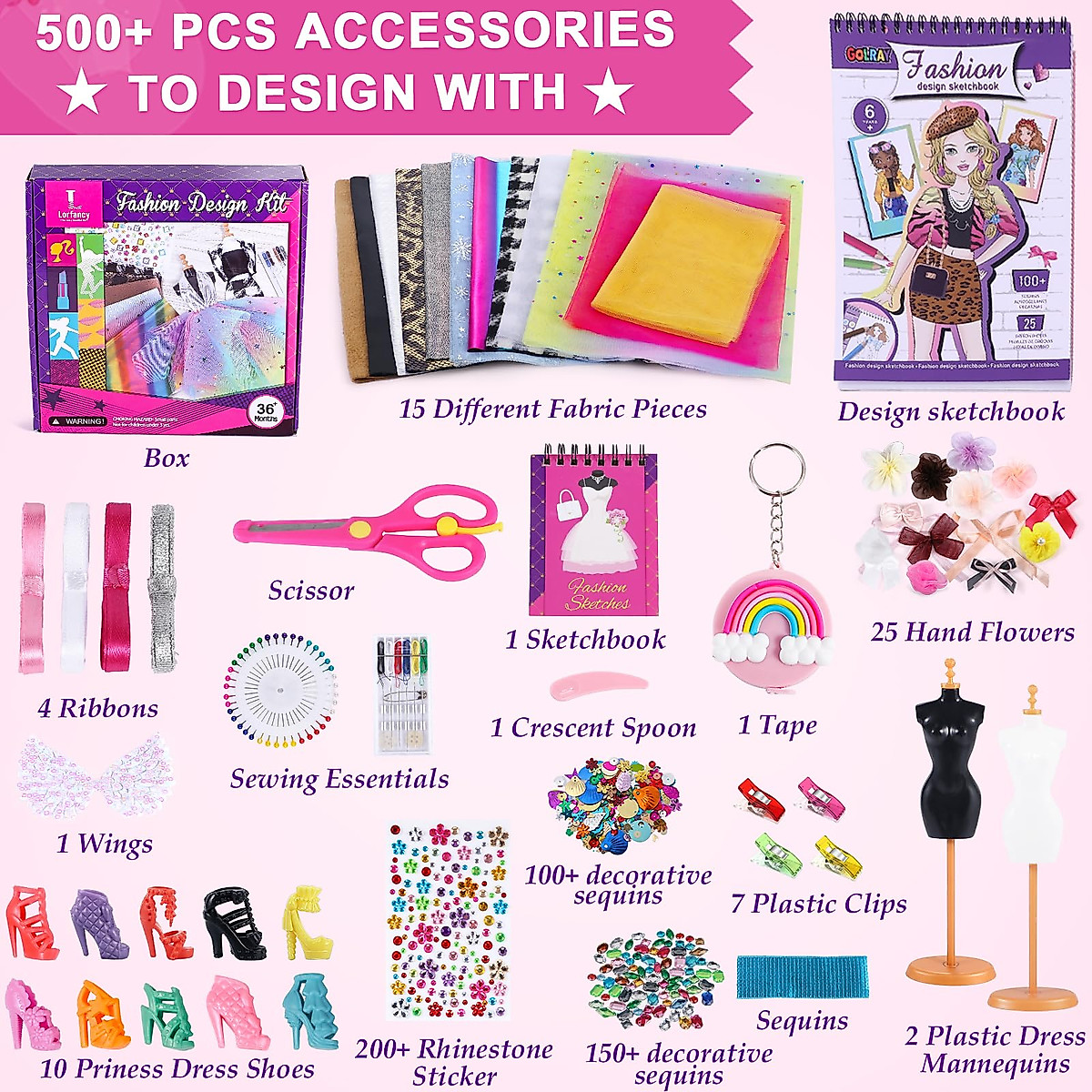 Lorfancy 500+ Fashion Designer Kits for Girls Kids Fashion Sketchbook Drawing Book Design Games Toddler DIY Stickers Stencils Activity Set Design Sketch Book Clothing Sewing Birthday Christmas Gifts