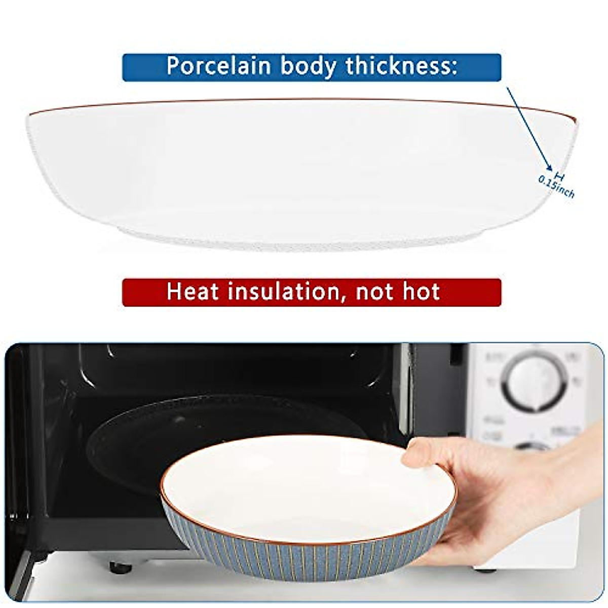 JDZTC Porcelain 26 Ounce Pasta Bowls Set of 4, 8 inch Wide and Shallow Salad Bowls, Serving Bowls, Microwave & Dishwasher Safe, Sturdy & Stackable, blue grey