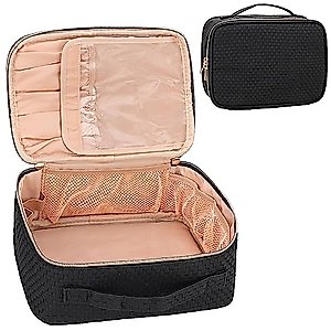 Relavel Travel Makeup Bag, Large Cosmetic Organizer Case Travel Toiletry Storage Train Case for Women and Girls, with Brush Compartment and Easy to Clean Lining, Black