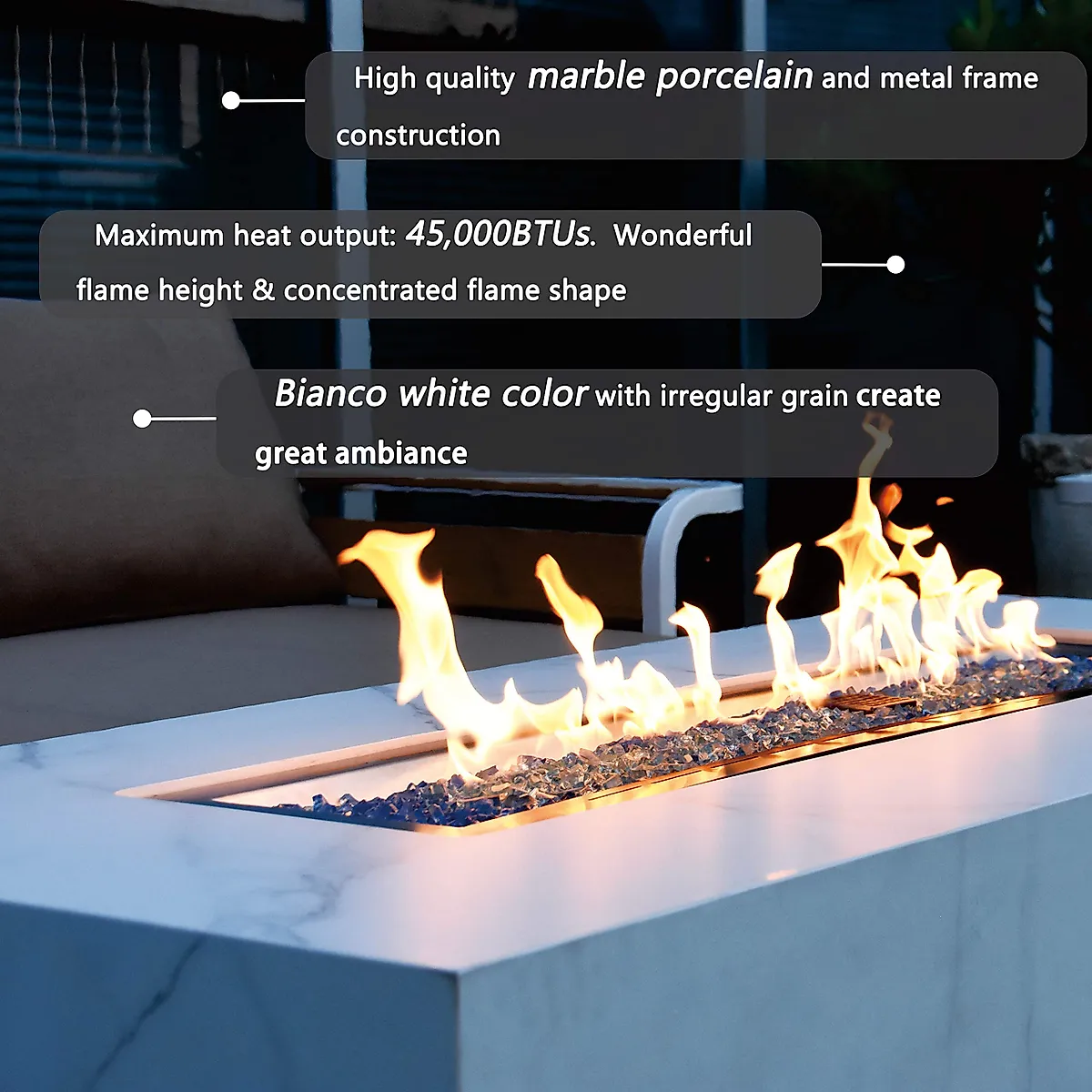 ELEMENTI Outdoor Fire Table 45,000 BTUs Natural Gas Firepit Patio Coffee Table Furniture, Backyard Fireplace Marble Porcelain Rectangle Fire Pit, 17Inch-High (White)