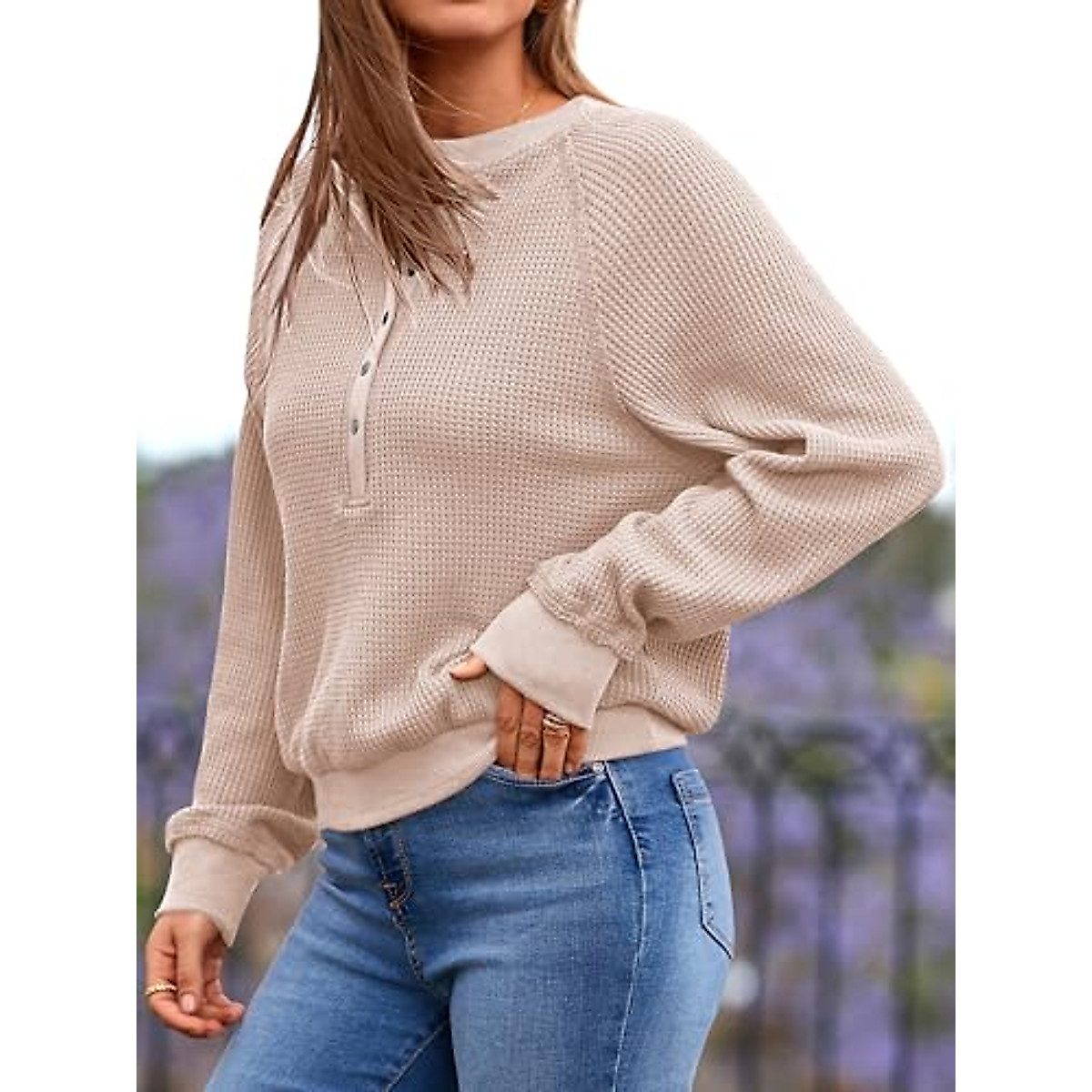 PRETTYGARDEN Womens 2023 Batwing Long Sleeve v Neck Sweater Drop Shoulder Button Waffle Knit Pullover Winter Slouchy Henley Tops (Beige, Medium)