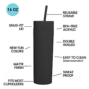 Skinny Tumblers with Lids and Straws Bulk.Matte Black Slim Tumbler Cups with Straws.16 oz Plastic Pastel Double Walled Acrylic Skinny Tumbler Set for Smoothie Ice Coffee.Customizable DIY Gift.