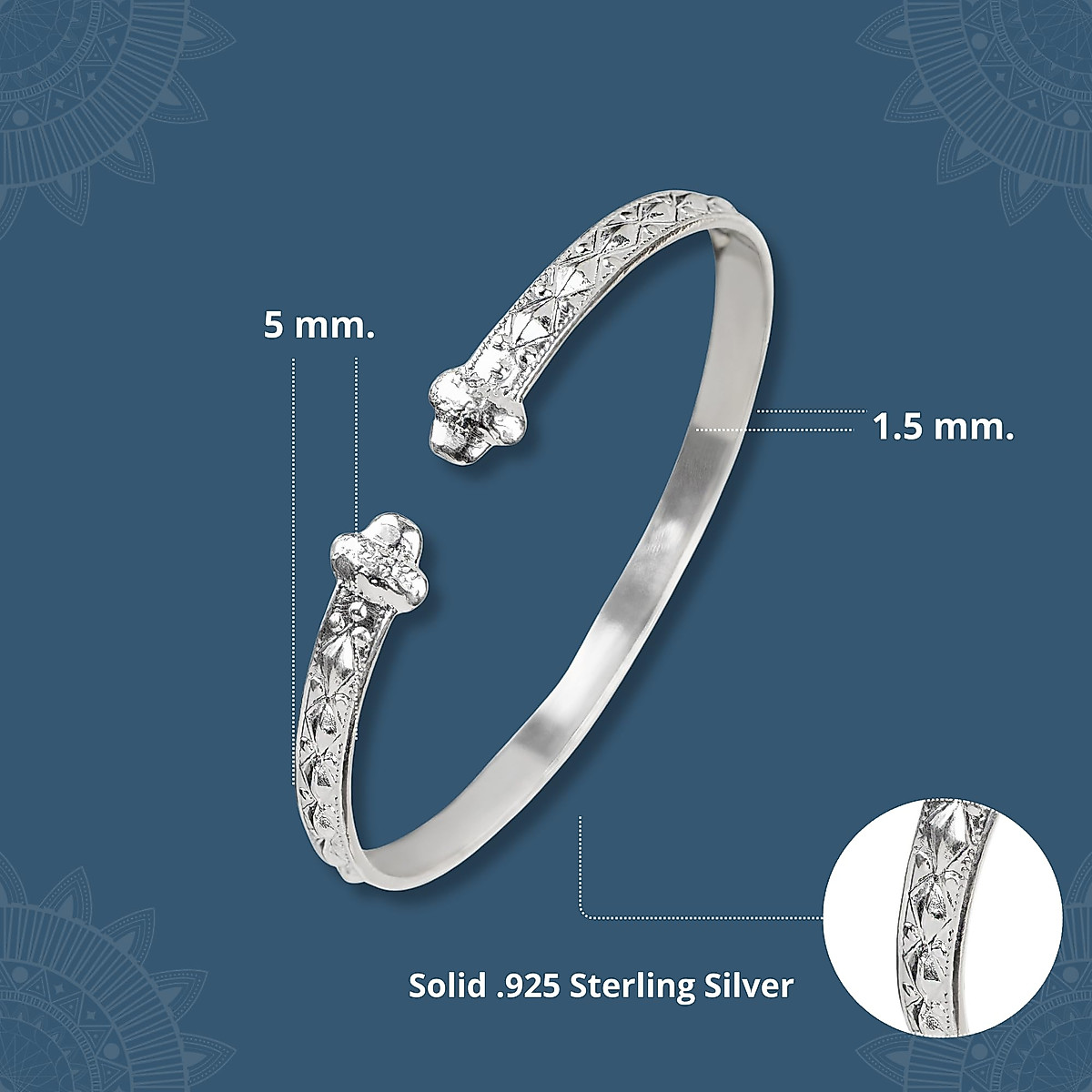 Better Jewelry Solid .925 Sterling Silver Flat West Indian Bangles with Acorn Ends, 1 pair (Made in the USA)