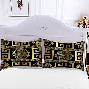 Retro Black Gold Greek Key Meander 3D Print Duvet Cover Set, 3D Geometric Gold Print Luxury Soft 3 Pieces Bedding Set Breathable with 2 Pillow Shams for Hotel Bedroom Decor (King, No Comforter)