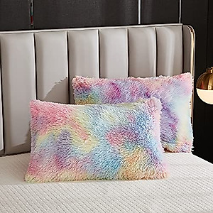 Yaoshuho Plush Fluffy Duvet Cover King Size Luxury Ultra Soft Shaggy Duvet Cover Set Faux Fur Comforter Bedding Set(1 Duvet Cover + 2 Pillow Shams), Rainbow