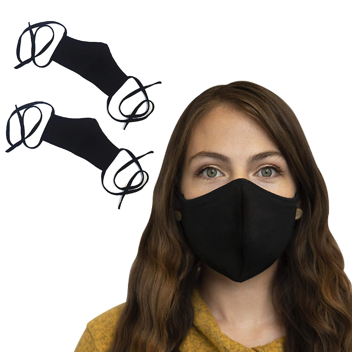 Cotton Face Masks with Long Tie Behind Straps | Dust Mask for Travel & Work | Black | 2 Pack