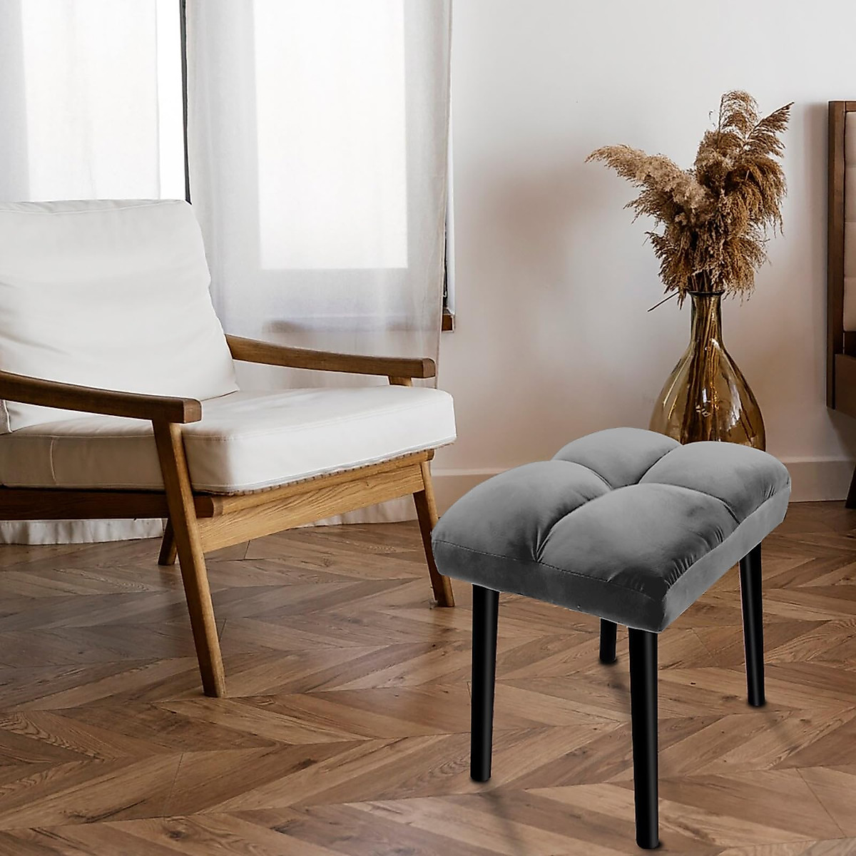 HOUCHICS Gray Vanity Stool Ottoman Stool, Square Makeup Stool with Wooden Legs, Small Ottoman Stool Chair for Vanity, Modern Padded Sofa Seat Foot Rest Stool(Gray)