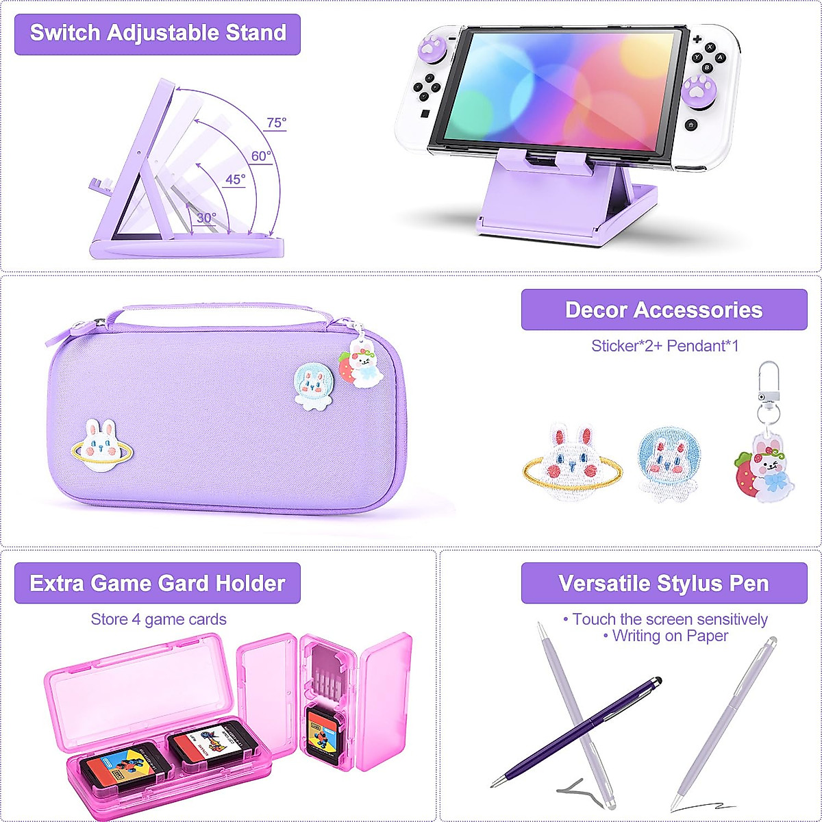 Switch OLED Case- innoAura 19 in 1 Switch Bundle with Switch Case, Switch Game Case, Switch OLED Screen Protector, Switch Stand, Switch Thumb Grips (Purple)